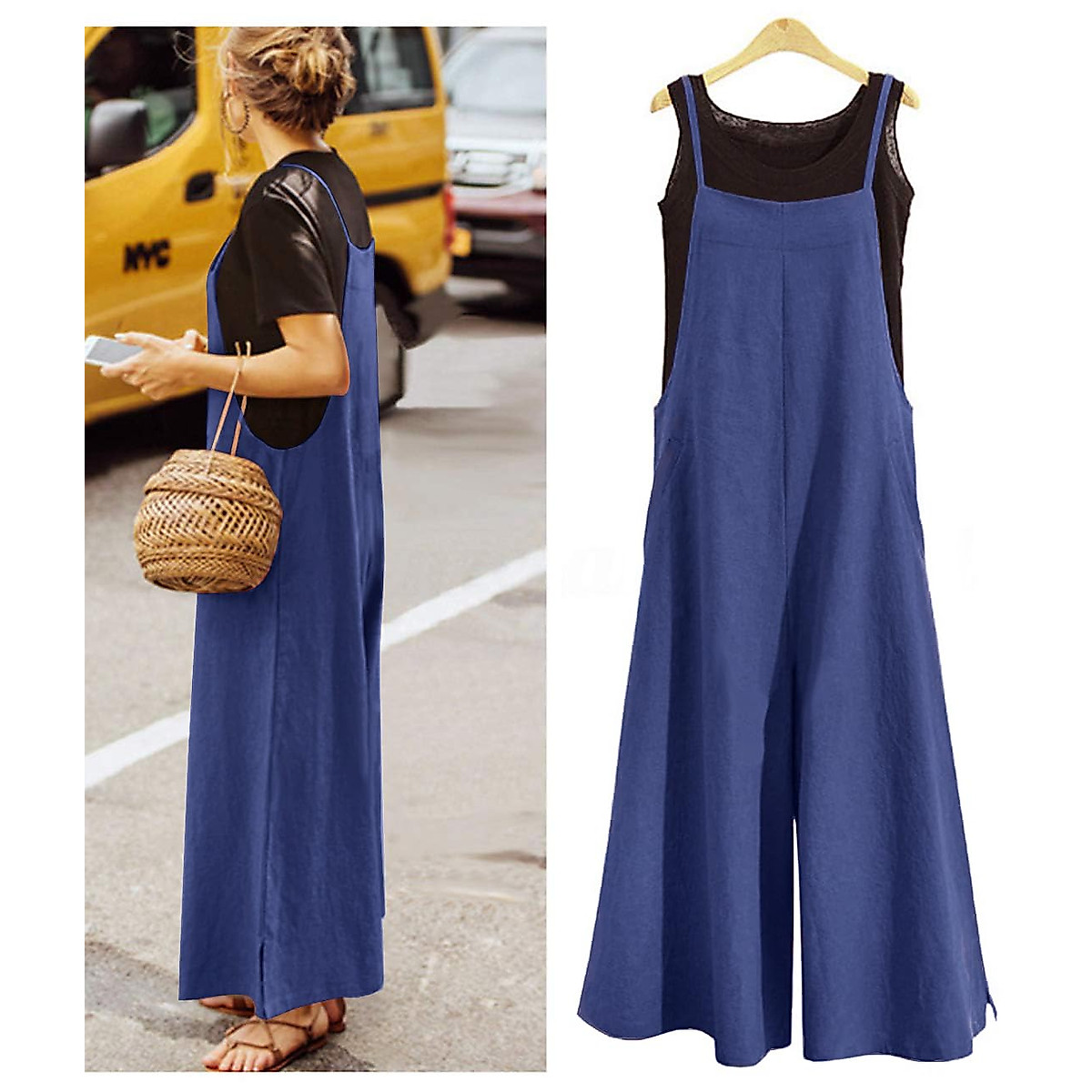 YESNO Women Casual Loose Long Bib Pants Wide Leg Jumpsuits Baggy Cotton Rompers Overalls with Pockets (M PZZTYP2 Navy Blue)