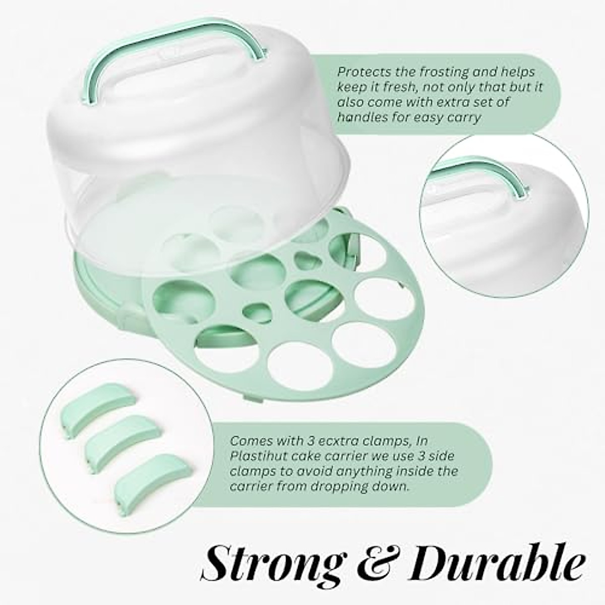 Plastihut Cake Carrier With Lid and Handle – All In 1 Multipurpose Cake Storage Container Fits 10" Cake, 11 Cupcakes & A Cake Plate Serves as 5 Section Serving Tray for Snacks & Fruit - Mint