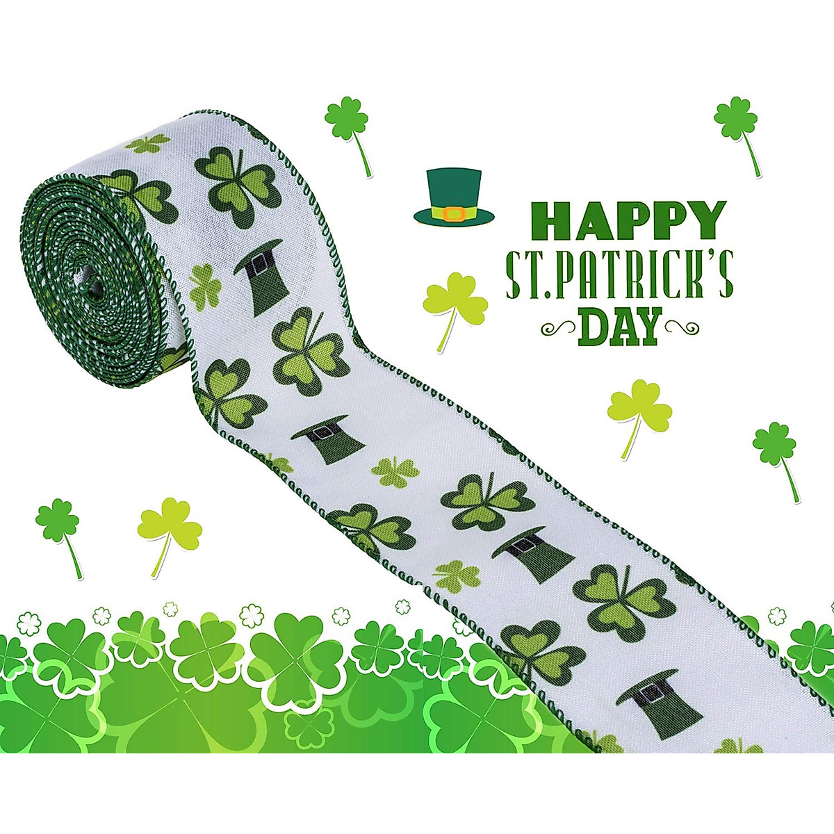 St Patrick's Day Wired Ribbon, 2 1/2 Inch by 10 Yards Emerald Green Shamrocks Lucky Ribbon for Gift Wrapping, Wreath and Party Decoration