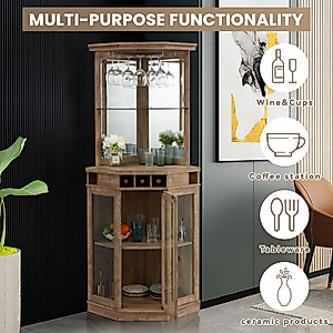 EROMMY Corner Bar, Home Liquor Storage Unit in High Density Board Finish with Built-in Wine Rack and Lower Cabinet, Hanging Stemware Rack, Burlywood