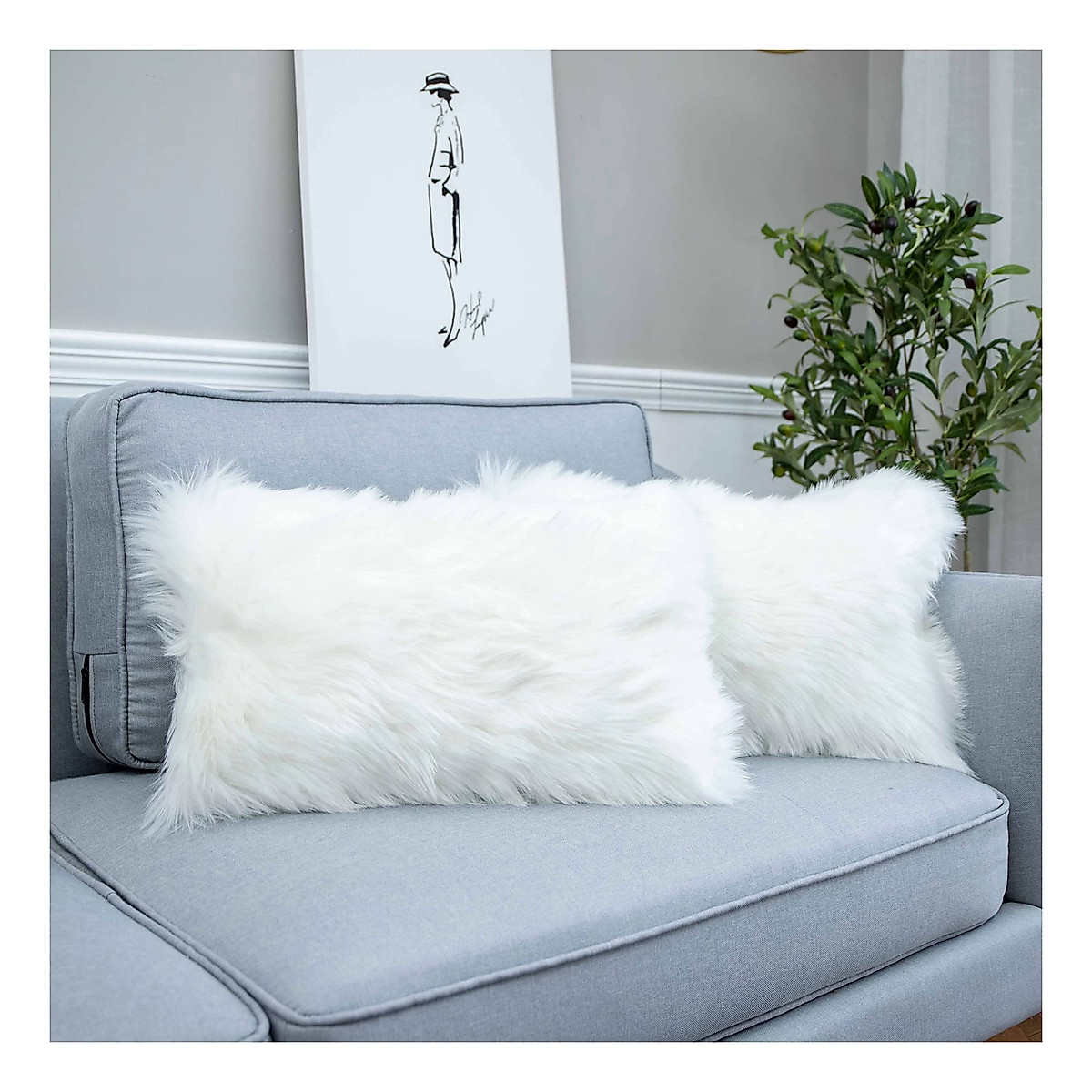 LIGICKY Decorative Lumbar Soft Faux Fur Throw Pillow Cover Luxury Series Rectangle Plush Pillow Case Cushion Cover for Couch Sofa Bed (12" x 20", White)
