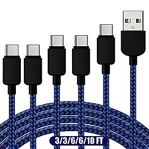 USB Type C Cable 5Pack (3/3/6/6/10 FT) Nylon Braided Fast Charging Charger Sync Cord Compatible with Samsung Galaxy S10 S10E S9 S20 Plus Note 10 9 8 S8 Z LG V20 G5 G6 Google Pixel（Blue）
