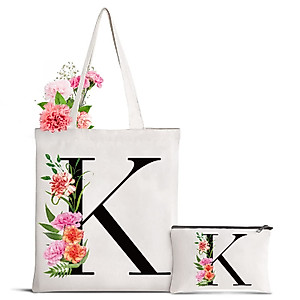Sanuurfky Personalized Initial Canvas Tote Bag Letter Makeup Bag Monogrammed Present Bag Gift for Women Mom Mother's Day Bridesmaids Birthday Wedding Holiday Shopping Travel
