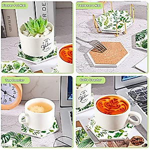 6 Pcs Plant Coasters with Holder Gold Absorbent, Drink Coasters Hexagon Farmhouse Ceramic Table Coaster Set Cute Coasters, Decorative Bar Wine Coasters Coffee Cup Coasters, Greenery Leaves Design