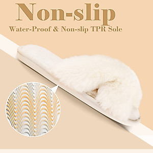 Ankis White Womens Fuzzy Slippers - 2Pair Cozy, Soft, Comfy, Relax Fluffy Slippers, Cross Band, Open Toe, Non-slip Womens Slippers, Indoor and Outdoor Fluffy Slippers