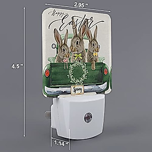 LED Night Light, Plug-in, Dusk to Dawn Sensor, Easter Green Truck Pull Rabbits Eucalyptus Leaves Wreath Decorative Nightlight for Bedroom, Bathroom, Nursery, Hallway, Kitchen, Stairs, Kids Room
