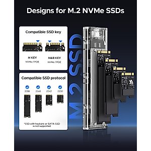 ORICO M.2 NVMe SSD Enclosure, USB 3.2 Gen 2 (10 Gbps), Transparent External Solid State Drive Adapter Enclosure for 2280 2260 2242 2230 PCI-E M2 M-Key SSD, USB Type C Converter Case-TCM2 Silver
