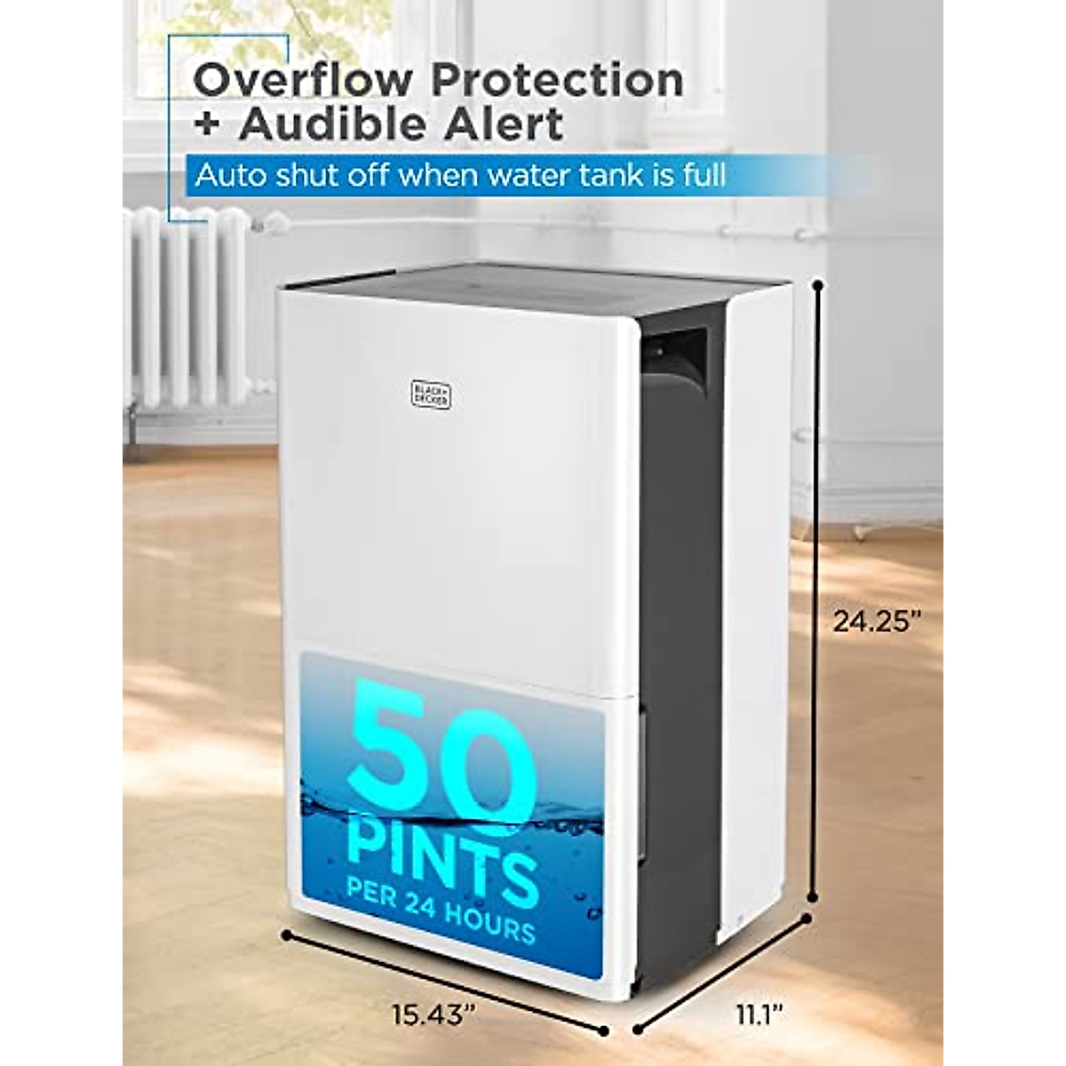 BLACK+DECKER 4500 Sq. Ft. Dehumidifier with Built-In Drain Pump for Continuous Drainage, for Large Spaces and Basements, Energy Star, Digital, BD50PMWSA, White