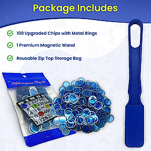 MR CHIPS Made in USA Bingo Magnetic Wand & ¾ Inch Blue 100 Upgraded Pieces Chips Plastic with Metal Rings - Support American Jobs