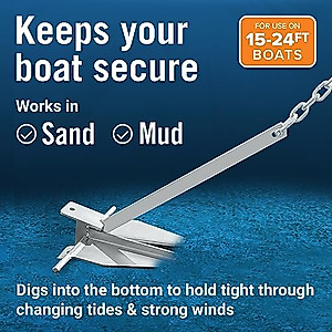 8.5lb Heavy Boat Anchor Kit Fluke Anchor with Anchor Chain and Boat Anchor Rope Set for 15-25' Foot Including Boat Anchors for 18' and 21' Boats Pontoon, Deck, Fishing, and Sail 75FT Rope