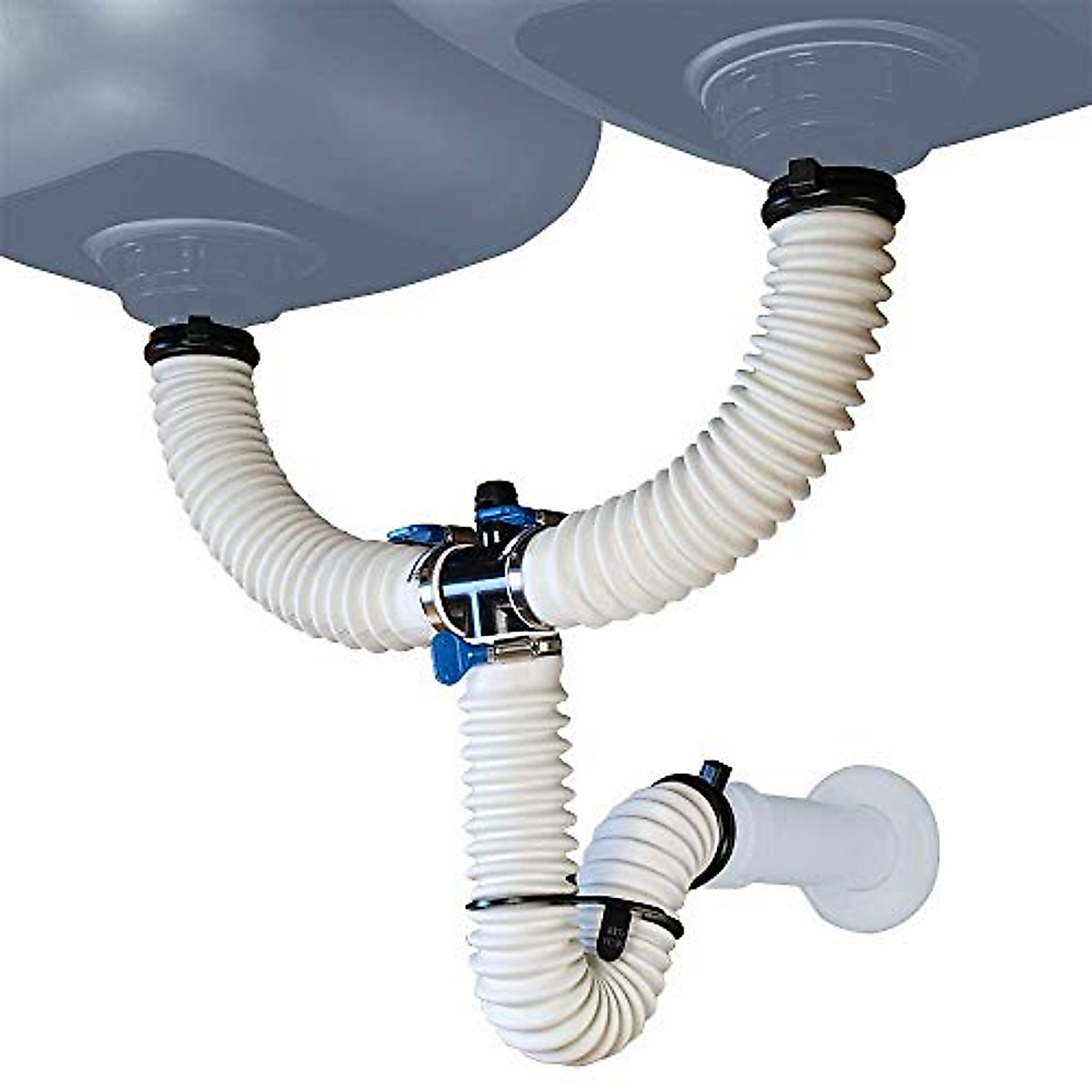 OHIO SUPPLY Double Basin Simple Drain-Flexible Rubber Trap and Connectors For 2-Bowl Standard or Disposal Sink Drains, White