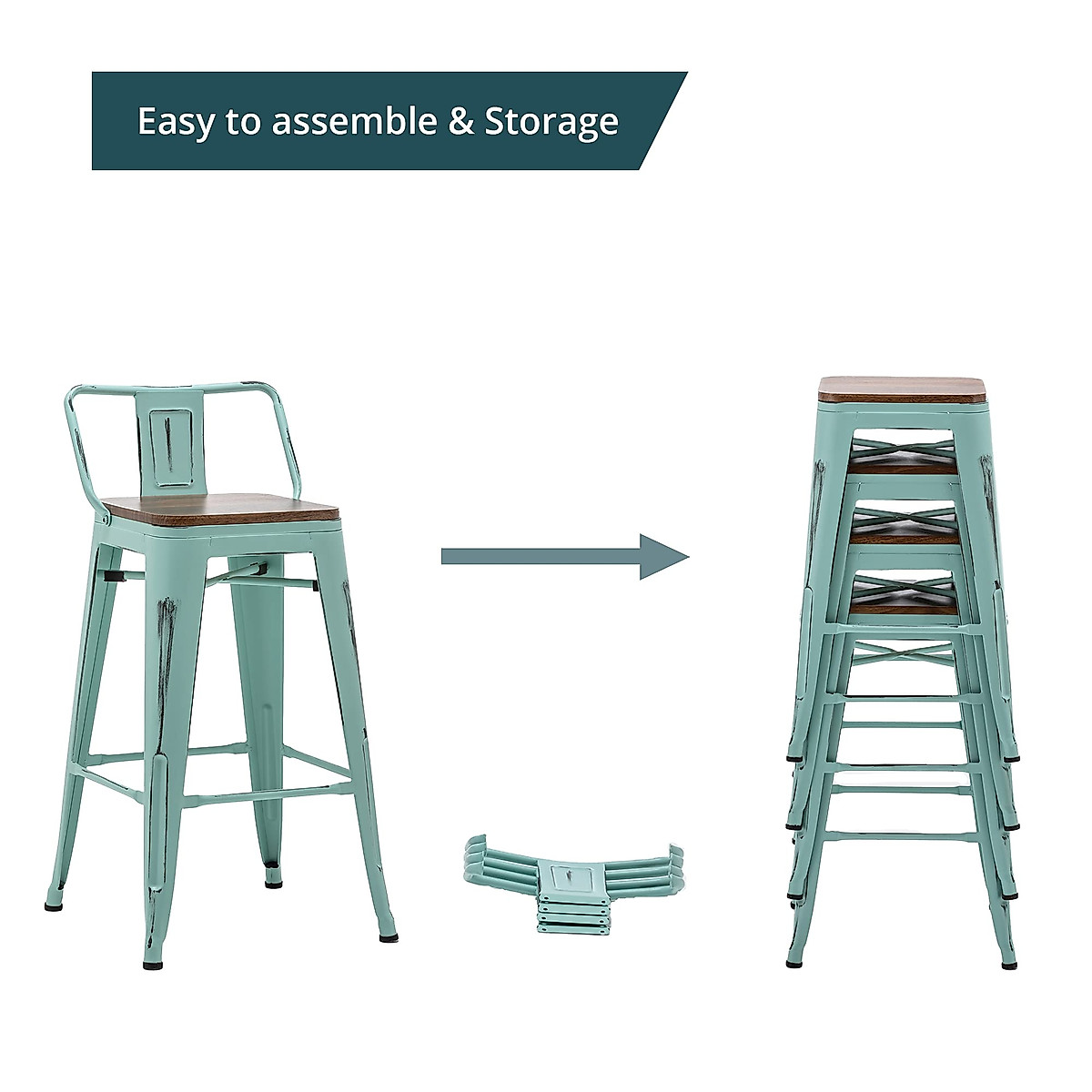Andeworld Bar Stools Set of 4 Counter Height Stools Industrial Metal Barstools with Wooden Seats(24 Inch, Distressed Green Blue)