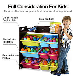 KRAND Toy Storage Organizer for Kids 100% Pine Solid Wood Kids Toy Organizer with Thick Anti-Break Storage Bins (Espresso)