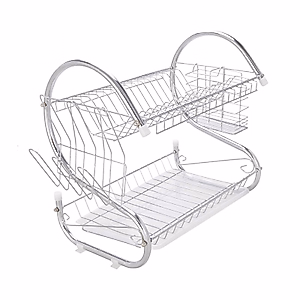 Guangshuohui Dish Drying Rack and Drainboard Set, 2 Tier Large Stainless Steel Sink Organizer Dish Racks with Cups Holder, Utensil Holder, Dish Strainer Shelf for Kitchen Counter