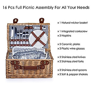 SatisInside Picnic Basket for 2 Wicker Picnic Set with Insulated Liner for Camping,Wedding,Valentine Day,Gift - Reinforced Handle, Grey Stripes