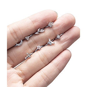 Tornito 8Pcs Nose Ring Hoop Paved Flower Butterfly Star Triangle Moon CZ Cartilage Earrings Nose Piercing Jewelry for Women Men Silver Rose Gold Tone 20G