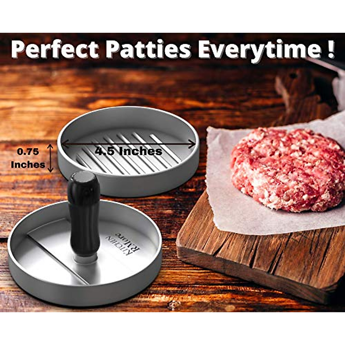 Kitchen RMore Burger Press + Pocket Grill Scraper + 100 Patty Paper + Recipe EBook | Non-Stick Aluminum Hamburger Press Patty Maker for Perfect Meat Patties, Veggie Burgers, Salmon Patties