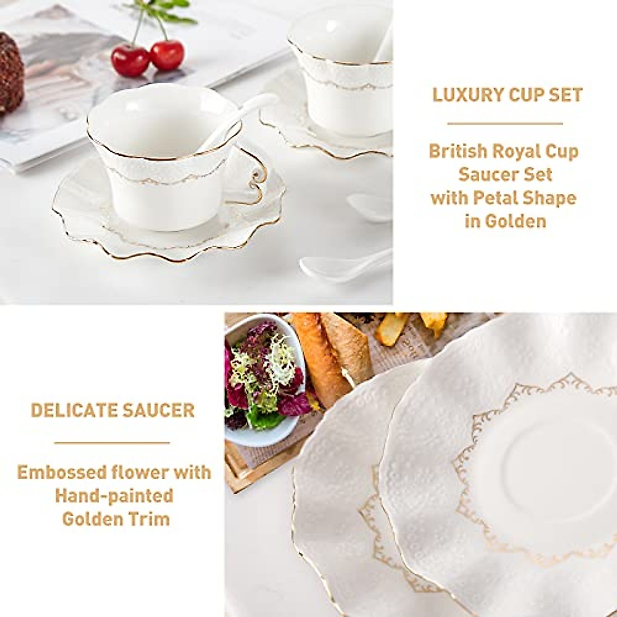 DUJUST Tea Cups and Saucers Set of 6 (8.5 OZ), Luxury Tea Cup Set with Golden Trim, Relief Printing Coffee Cups with Metal Stand, British Royal Porcelain Tea Party Set - White