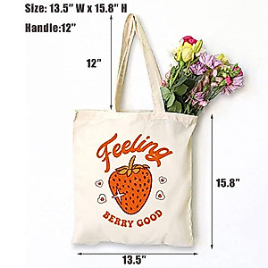 TSIIUO Women's Feeling Berry Good Canvas Tote Bag Funny Strawberry Lover Gifts Retro Reusable Grocery Shopping Bag White