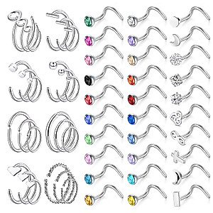 ZS Stainless Steel Nose Studs Nose Rings Hoop 20G Nose Bone/L Shaped/Nose Screw Rings Set Body Jewelry Piercing Fake Nose Rings for Women (F Set)