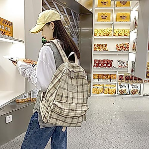 JHTPSLR Light Academia Aesthetic Backpack Plaid Preppy Backpack Teen Girls Book Bags Back to School Backpack Supplies (Beige)