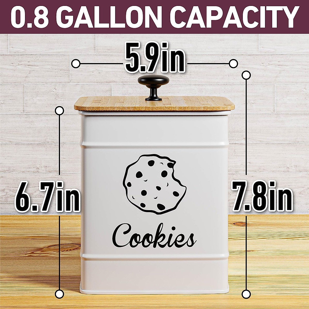 Cookie Jar with Airtight Lid - 1 Gallon - 6"D x 8"H White Iron Cookie Tin with Bamboo Lid - Large Cookie Jars with Lids Airtight - Farmhouse Cookie Jars for Kitchen Counter Decorative - Cookies Jar