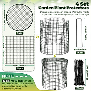 Hiboom 4 Set Garden Plant Protectors from Animals with Stakes, Metal Mesh and Detachable Covers Wire Plant Cage for Keeping Bunny Animals Out, Chicken Wire Plant Cover Garden Protection (Dark Green)