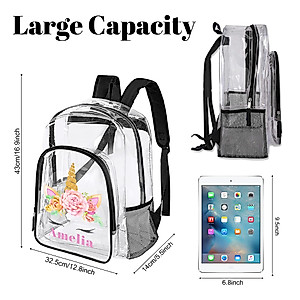 J&SBGFT Personalized Clear Backpack for Girls,Custom Unicorn Clear Backpacks with Name,Transparent Backpack with Reinforced Strap,See Through Book Bag,Waterproof Heavy Clear Book Bag for School