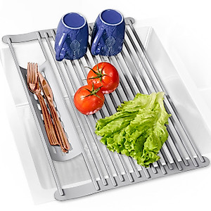 BELLE TERRE Roll Up Dish Drying Rack for Kitchen Sink - 17.5" x 12.8" - Silicone Roll-Up Dish Rack with Utensil Tray - Roll Out Dish Drying Rack Over Sink - Solid Steel Construction