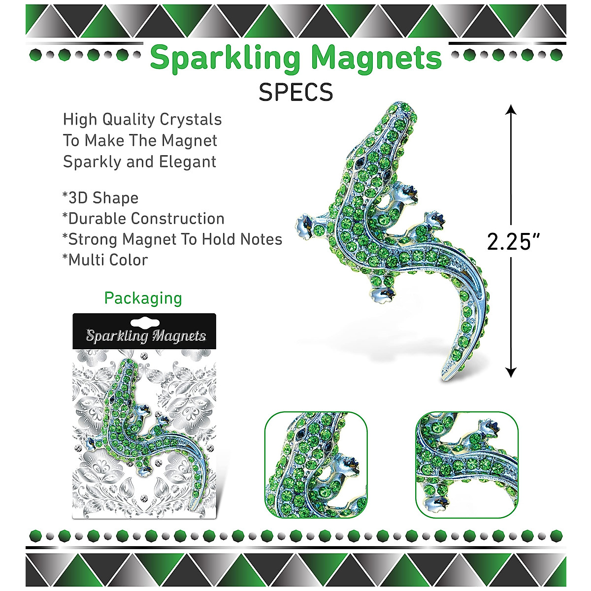 COTA Global Alligator Sparkling Refrigerator Magnet - Green & Silver Sparkling Rhinestones, Reptile Animal Magnet for Kitchen Door Fridge, Cool Home & Office Novelty Decor - 2.25 Inch