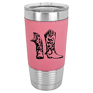 20 oz Leather Tumbler Stainless Steel Insulated Travel Mug Cup Gift Cowboy Cowgirl Boots (Pink)