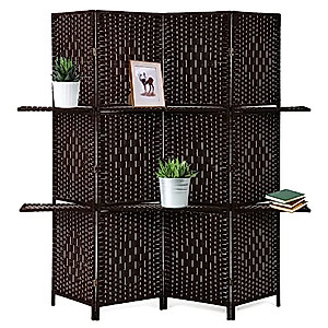 Room Divider 4 Panel Room Screen Divider Wooden Screen Folding Portable Partition Screen Wood with Removable Storage Shelves Color,Brown