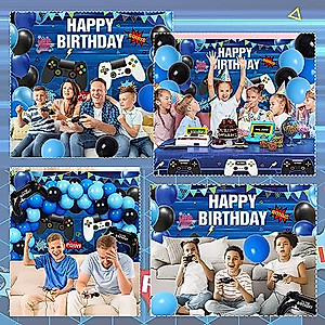 RUBFAC 69pcs Video Game Birthday Party Decorations Set Gaming Happy Birthday Supplies Includes Happy Birthday Banner Backdrop, Table Covers, Balloons and Foil Gamer Balloons for Birthday Party