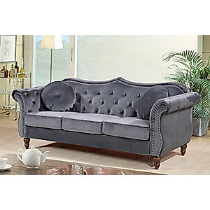 Container Furniture Direct Anna1 Chesterfield Velvet Couches for Living Room, Button Tufted Luxury Upholstery with Rolled Arms, High-Density Foam, Durable Wood Frame, 79.5" Sofa, Lava Gray