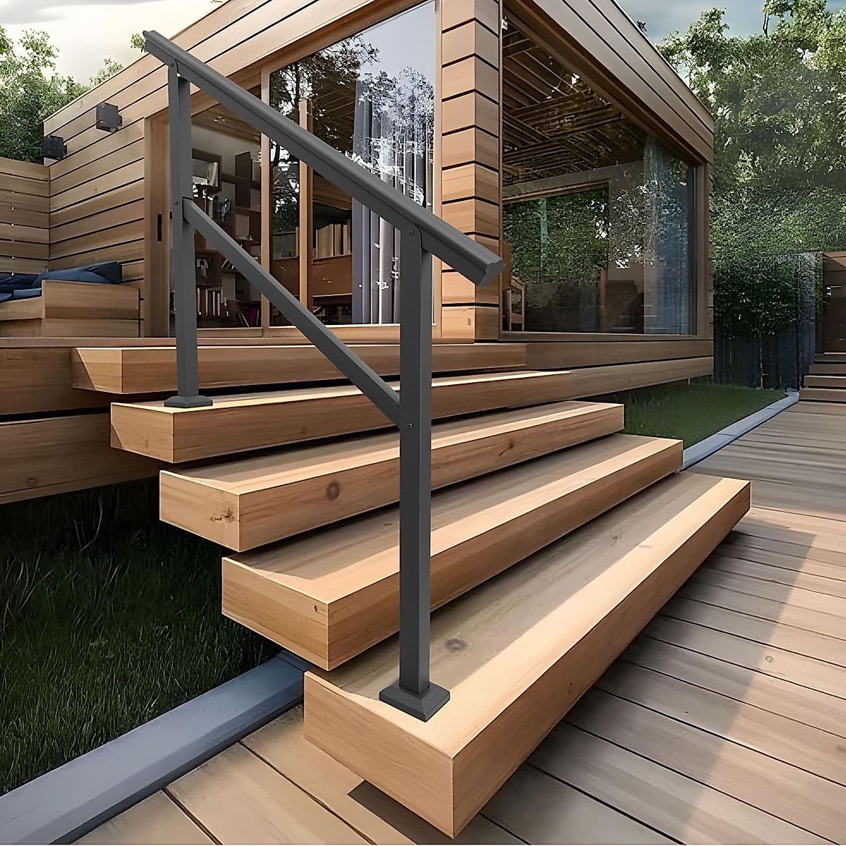 SPACEEUP Stair Handrail,44X34.8" Handrails for Outdoor Steps Fit 0 to 4 Steps Transitional Handrail with Installation Kit Handrail for Stairs Outdoor Aluminum and iron Stair Railing,Matte Black