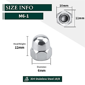 M6-1.0 (50 pcs) Acorn Hex Cap Nuts Metric Dome Head Nuts, 304 Stainless Steel 18-8, Plain Finish, DIN1587
