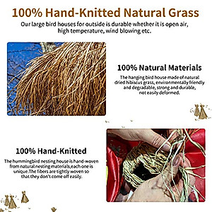 Gute Hummingbird Houses for Outside Hanging, Natural Grass Hanging Bird Hut, Hand Woven Hummingbird Nest, Large Wren Finch Bird House for Garden Window Outdoor Home Decoration, 3 Pack