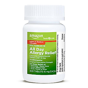 Amazon Basic Care 24 Hour Allergy Relief, Cetirizine Hydrochloride Tablets, 10 mg, 300 Count (Packaging may vary)