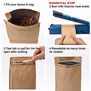 EVERPACK 4 Ounce 100 Packs High Barrier Kraft Paper Coffee Bags, Stand Up/Flat Bottom Coffee Pouches with Air Release Valve & Reusable Pull Tab Side Zipper (100 Pieces, 4oz/0.25lb/100gm)