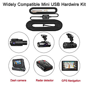 MEKNIC Dash Cam Hardwire Kit, Mini USB Hard Wire Kit 11.5ft with Acc, 12-24V to 5V 2A Car Dash Camera Charger Power Cord, Gift 4 Fuse Tap Cable with Battery Drain Protection for 24h Parking Monitor