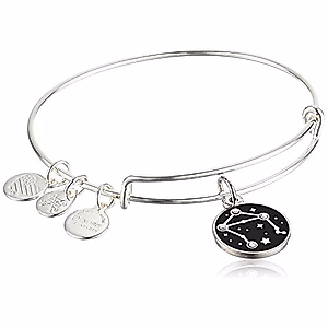 Alex and Ani Zodiac Expandable Bangle for Women, Libra Charm, Black Epoxy and Crystals, Shiny Silver Finish, 2 to 3.5 in