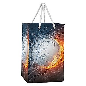 JUAMA Volleyball in Fire and Water Laundry Baskets Freestanding Laundry Hamper with Cotton Rope Handles Large Collapsible Waterproof Stotage Organizer for Nursey Toys Clothes Laundry Dorms