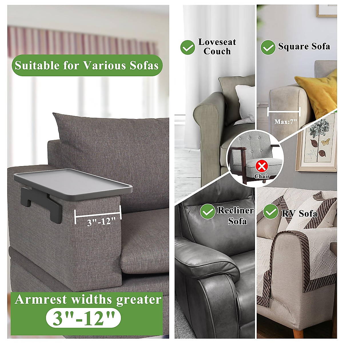SINWANT Sofa Arm Clip Table,Sofa Arm Tray Table for Couch,Arm Rest Table Suitable for Home Drinks/Eat/Fruit,Sofa Tray Table for Couch Tray,Coffee Table & Side Tables for Small Spaces, Grey