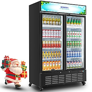BODEGACOOLER Commercial Merchandiser Refrigerator, 36.3 Cu.Ft Upright Display Beverage Cooler, 2 Glass Door Display Refrigerator with Soft LED Light, Adjustable Shelves, 4 Strong Castors(Black)