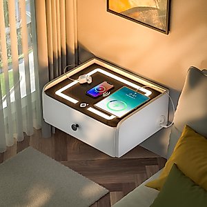 HOMEMORE Smart Nightstand Floating Bedside Table LED Nightstand with Charging Floating Nightstand Bedroom Options for Young People.White