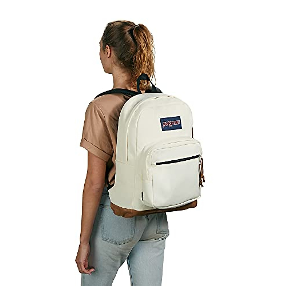 JanSport Right Pack Backpack - Travel, Work, or Laptop Bookbag with Leather Bottom, Coconut