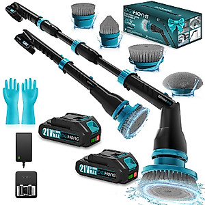 BEI & HONG 2023 Upgraded 50-Inch Adjustable Cordless Power Scrubber with 4 Replaceable Brush Heads, 2 x 21V Batteries - Blue