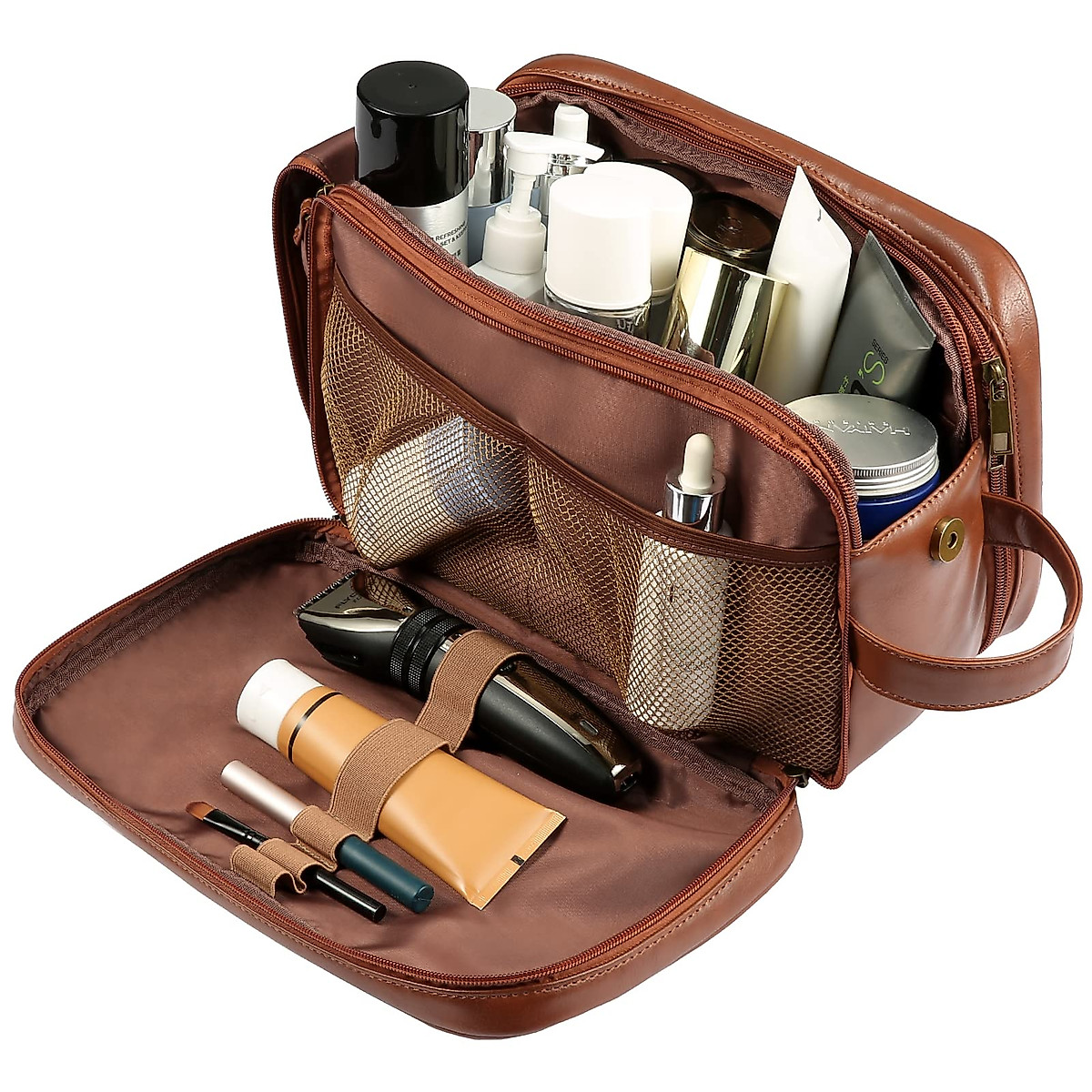 BNSPOCKET Personalized Leather Travel Toiletry Bag for Men, Large Travel Bathroom Shaving Dopp Kit, Large Cosmetic Bag Waterproof