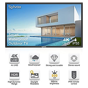 SYLVOX Outdoor TV, Waterproof 4K Smart TV, Supports Bluetooth Wi-Fi, Commercial Grade Equal Bezel LED TV, Suitable for Partial Sun Areas