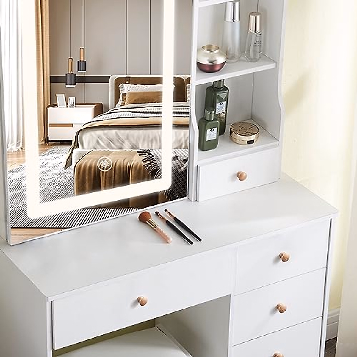 JBLCC Vanity Desk with Mirror and Lights,Makeup Vanity with Sliding Mirror, Makeup Table Set with Storage Shelves, Drawers, Modern Vanity Table for Bedroom (62706led)